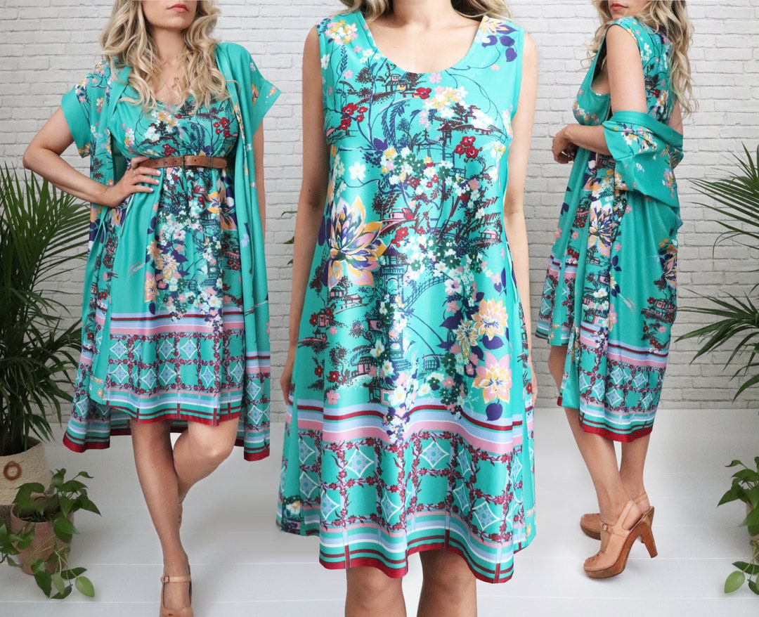 1960s 2 Piece Dress & Duster Set Medium Size Retro Japanese Floral ...