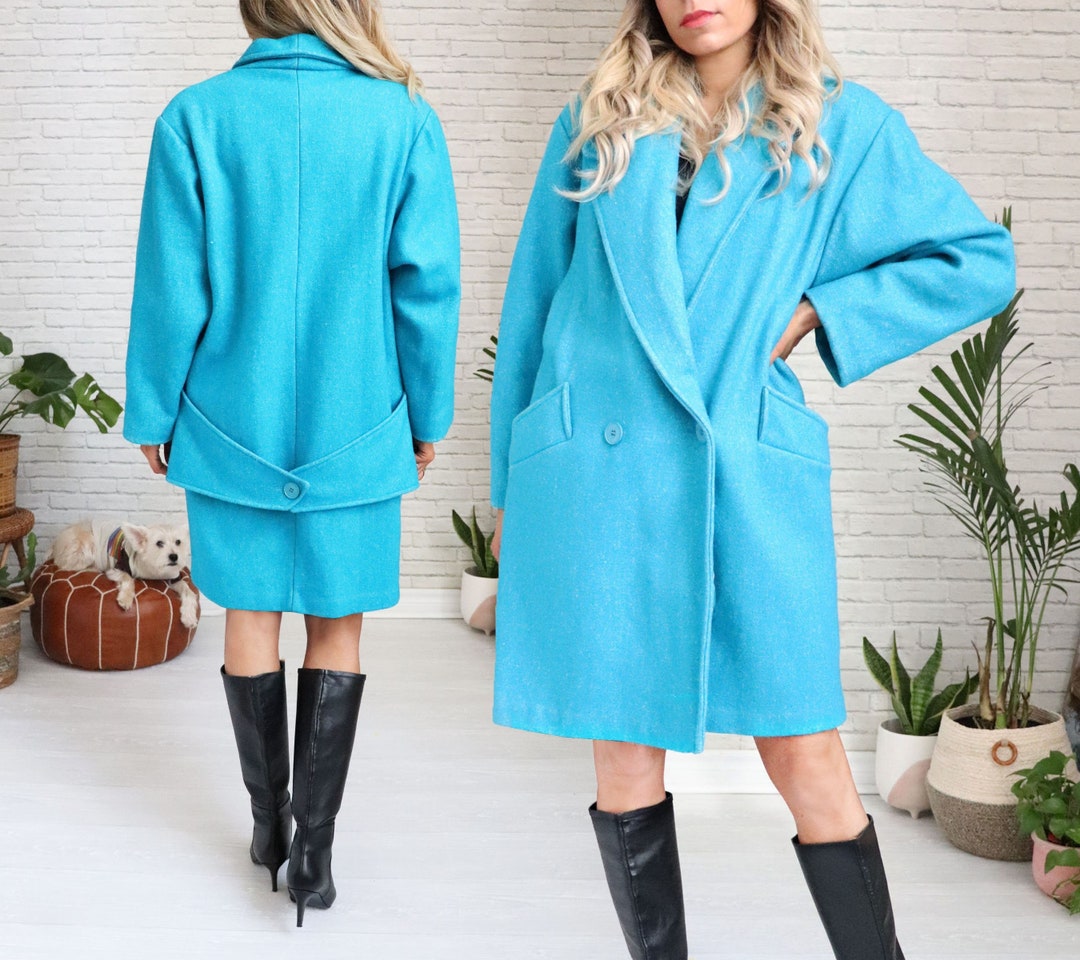 1970s Turquoise Wool Coat, Medium Size Ladies, Bright Blue Cocoon ...