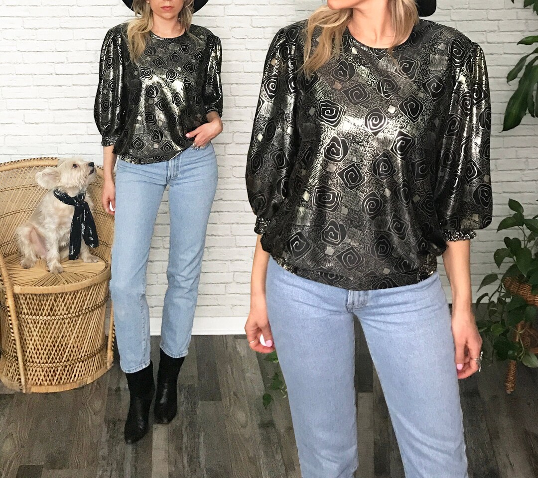 80s Silver Metallic Top, Silver Disco Top, Black Metallic Shirt ...