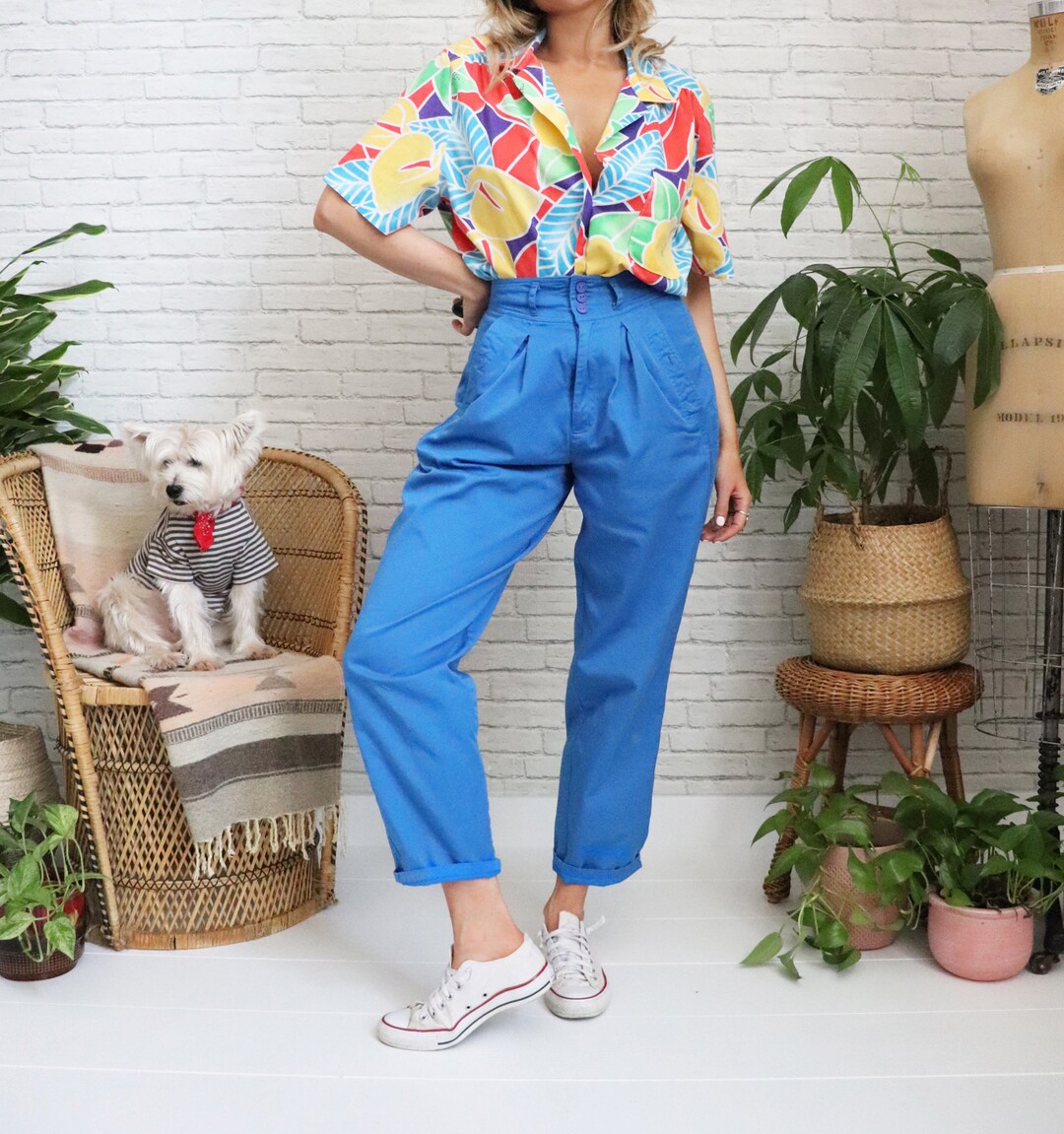 80s Blue Pleated Trousers | 26 to 27 Waist | Vintage High Waist Lady ...