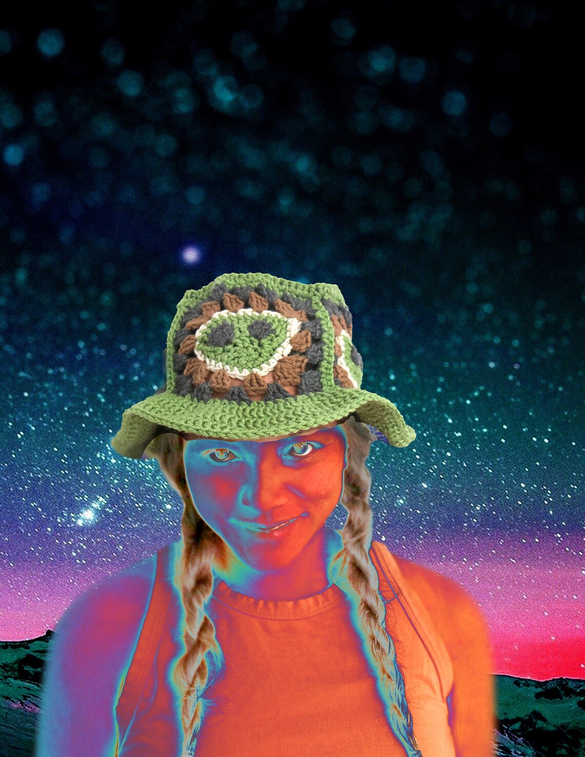 Crochet Alien Granny Square Bucket Hat Cap Far Out Outer Space OOAK DIY ...