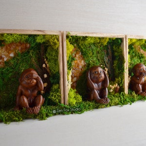 Three Wise Monkeys Wall Art // Moss Sculpture Citrine Quartz Crystal ...