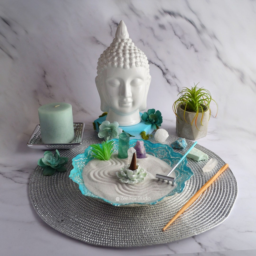 Buddha Zen Garden Altar // Silver Blue Home Office Decor Crystal ...