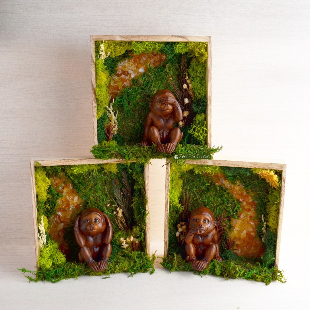 Three Wise Monkeys Wall Art // Moss Sculpture Citrine Quartz Crystal ...