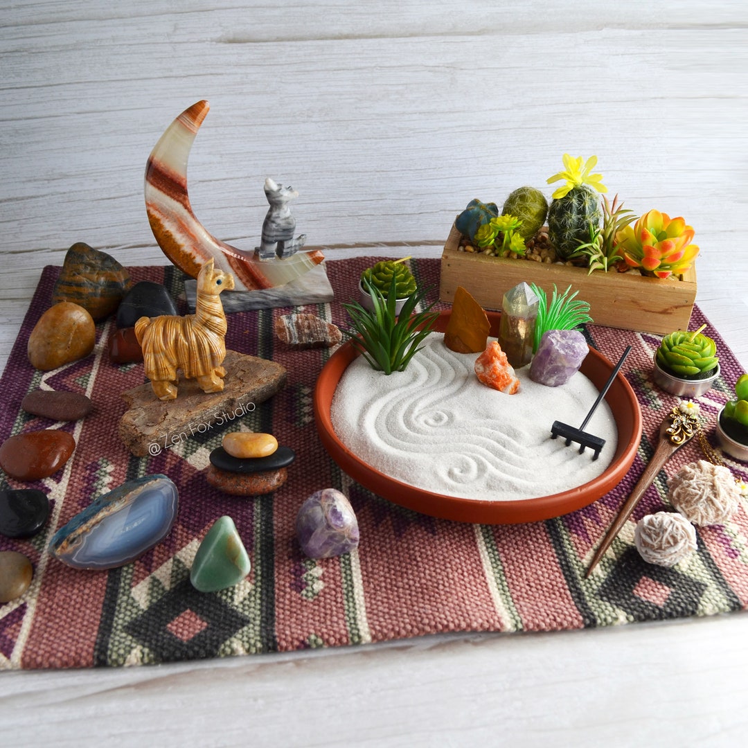 Desert Zen Garden Centerpiece // Southwest Art Gemstone Llama Wolf ...