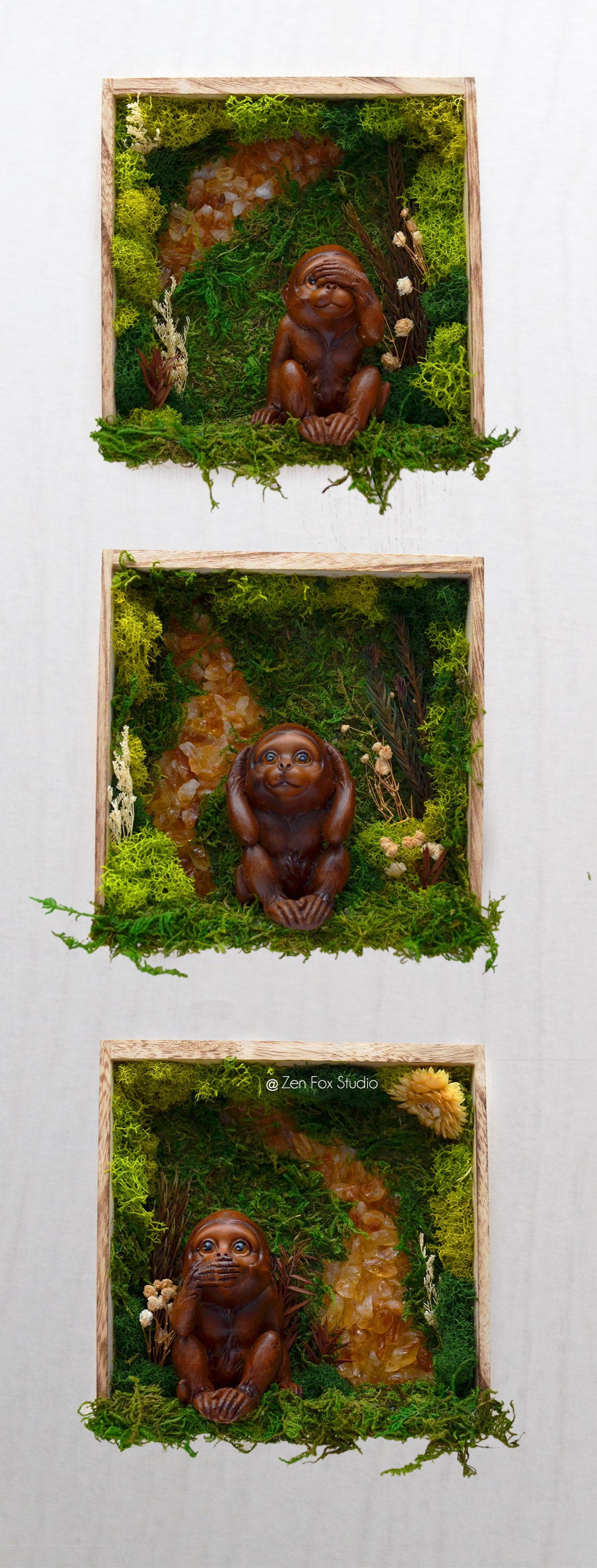 Three Wise Monkeys Wall Art // Moss Sculpture Citrine Quartz - Etsy