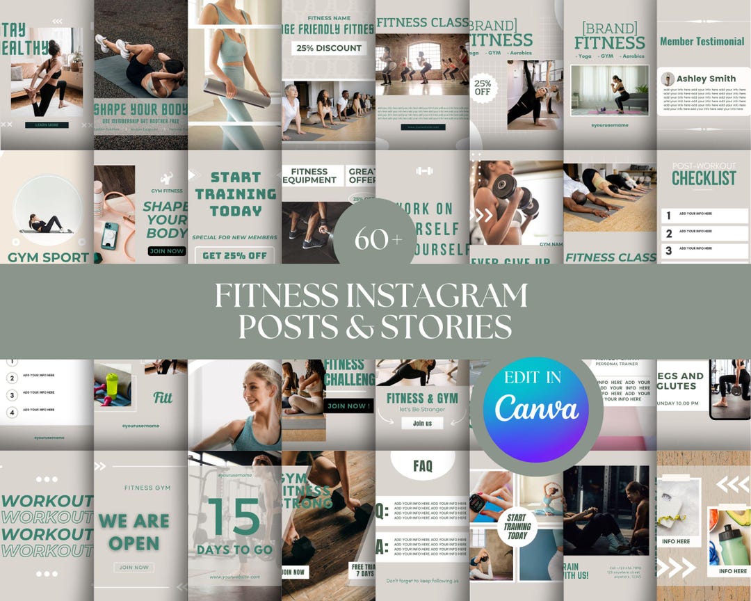 Fitness Instagram Templates: 60 Posts & 20 Story Covers (canva) - Etsy