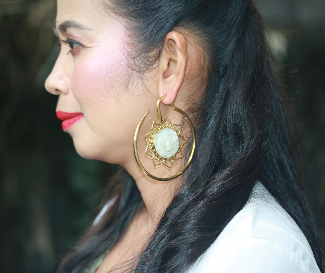 Hand Carved Mother of Pearl Sun Face Brass Ear Weights: Tribal Jewelry ...