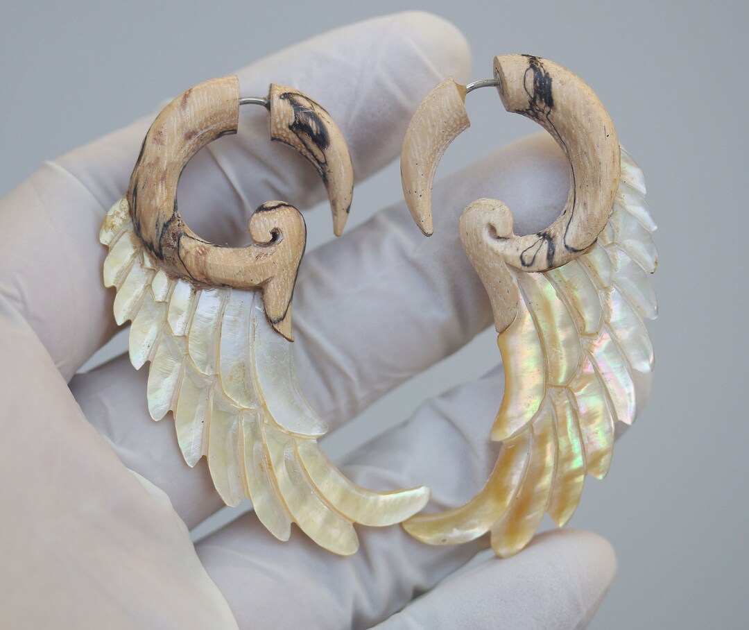 Wings Split Gauges Earrings, Hand Made Tamarind Wood MOP Shells 316L ...