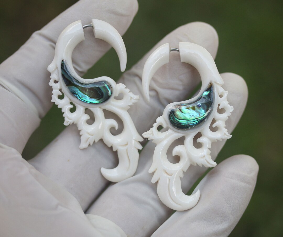 Bali Style Carving Fake Gauges Earrings , Hand Made Cow Bone and Abalone Inlay , With 316 L ...