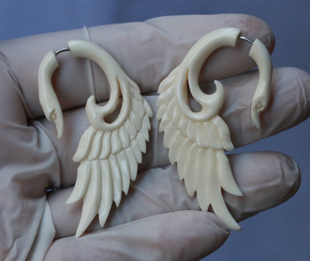 Hand Carved Cow Bone Swan Faux Gauge Earrings: Hypoallergenic Surgical ...