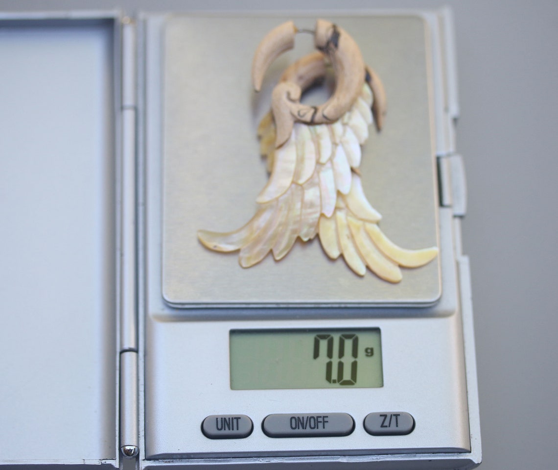 Wings Split Gauges Earrings, Hand Made Tamarind Wood MOP Shells 316L ...