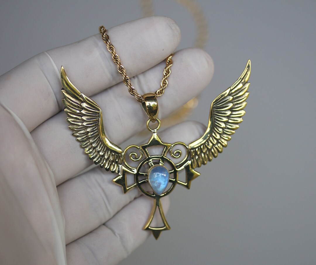Cross With Angel Wings Pendant , Brass With Moon Stones , and Stainless ...