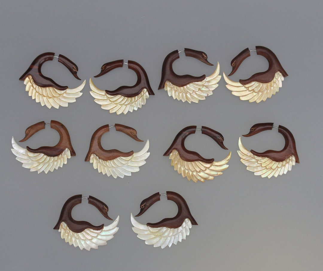Hand Carved Swan Gauges: Saba Wood & Shell Wings - Etsy