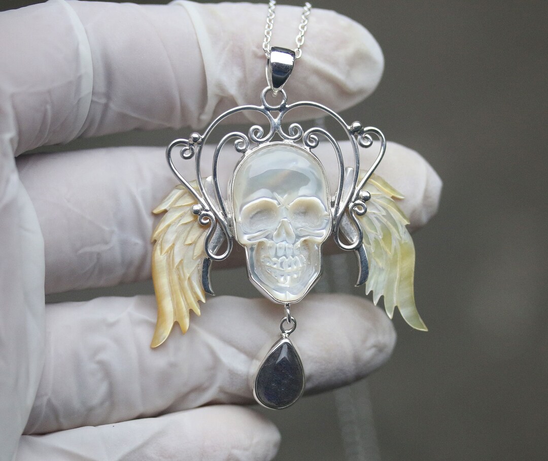 Exclusive Skull and Wings Pendants MOP Shells , Labradorite Stone Set ...