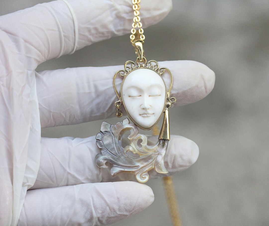Moon Face With Bali Shells Carvings Set in Brass With Stainless Chains ...