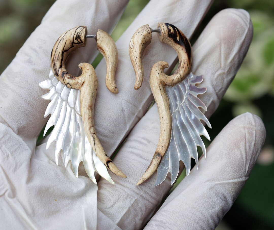 Handmade Angel Wing Fake Gauges: Tamarind Wood & Shell Illusion ...