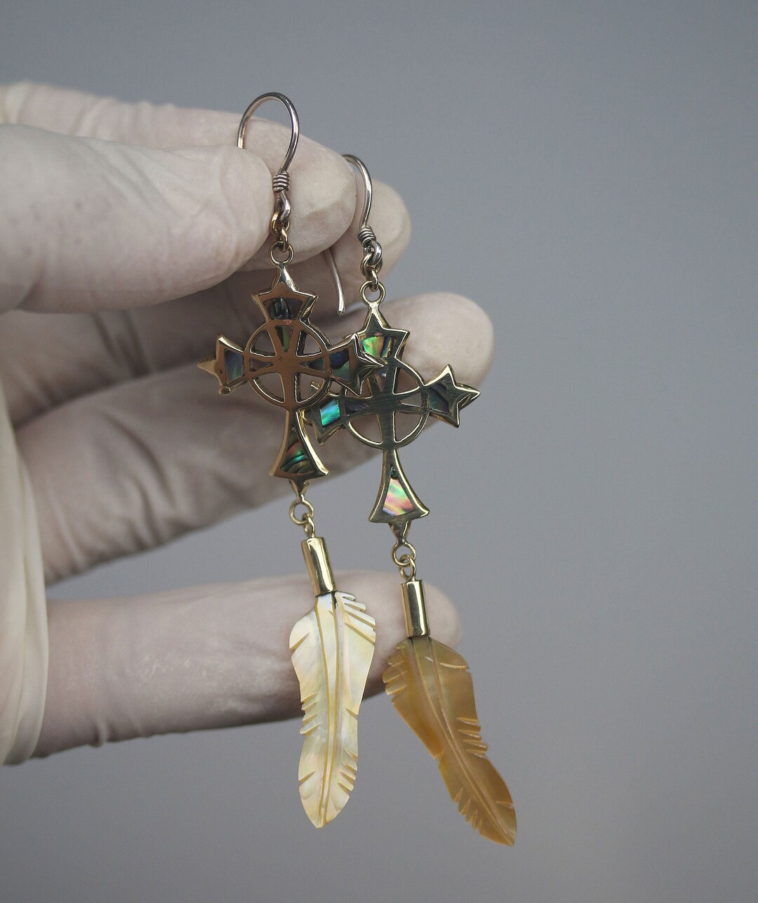 Cross and Feather Earrings ,hand Made With Brass and Abalone Inlay, and ...