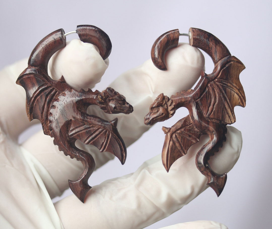 Hand Carved Sono Wood Dragon Fake Gauge Earrings: Surgical Steel Post ...
