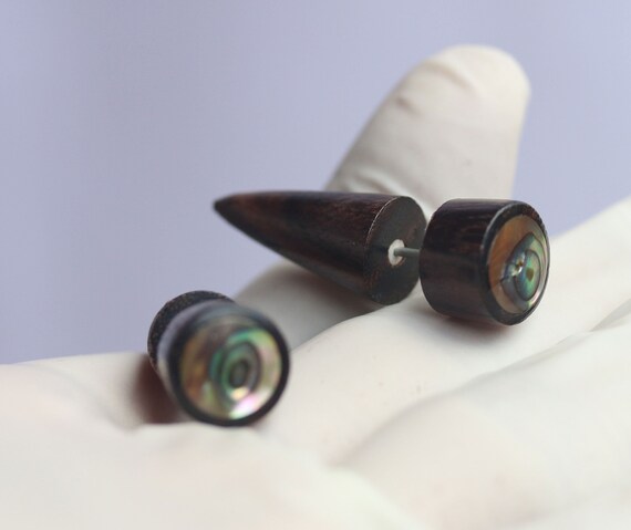 Spike Fake Gauges With Abalone Shell Inlay Hand Made Sono Wood | Etsy