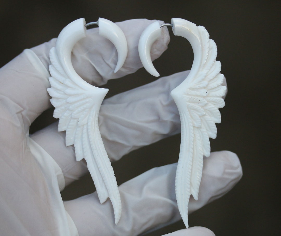 Hand Carved Cow Bone Angel Wing Fake Gauges: Hypoallergenic Surgical ...
