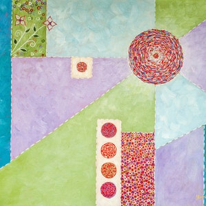Abstract Oil Painting Patchwork Quilt Circles Triangles Pastel Colors of Blue Lavender Green Art ...