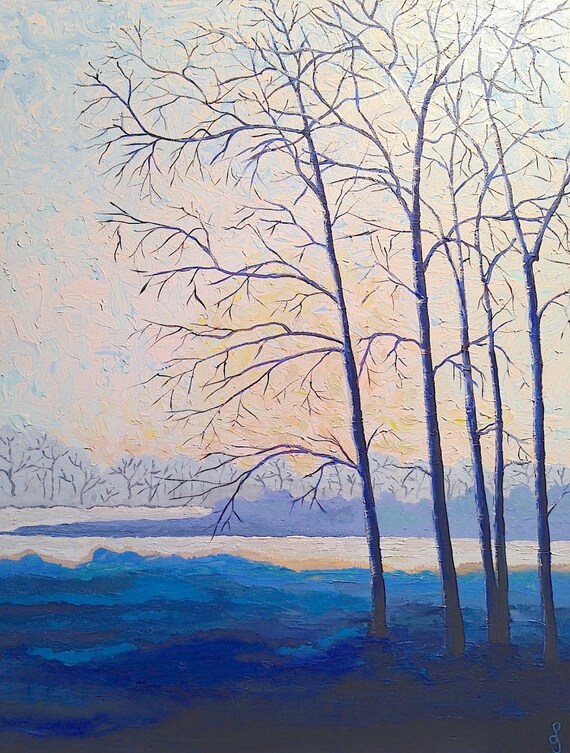 Original Landscape Painting in Blue Finger Painting and Brush | Etsy