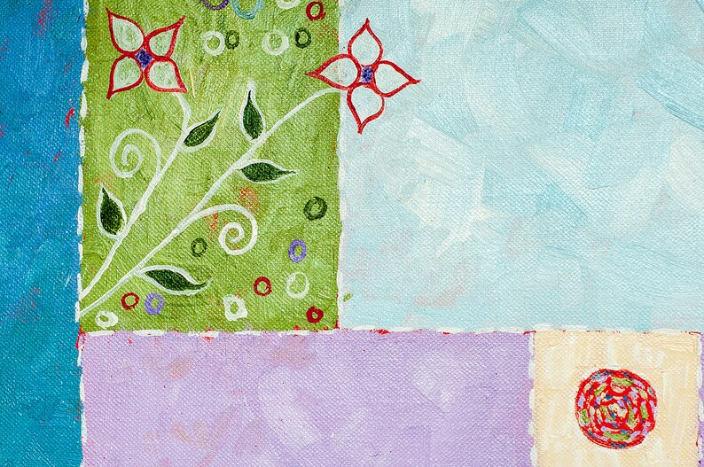 Abstract Oil Painting Patchwork Quilt Circles Triangles Pastel Colors of Blue Lavender Green Art ...