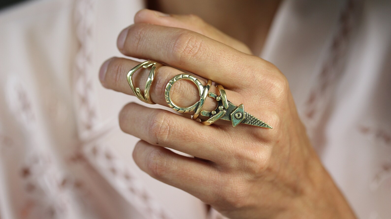 The Triple Warrior Armor Gold Ring Engraved Goth Style Women | Etsy