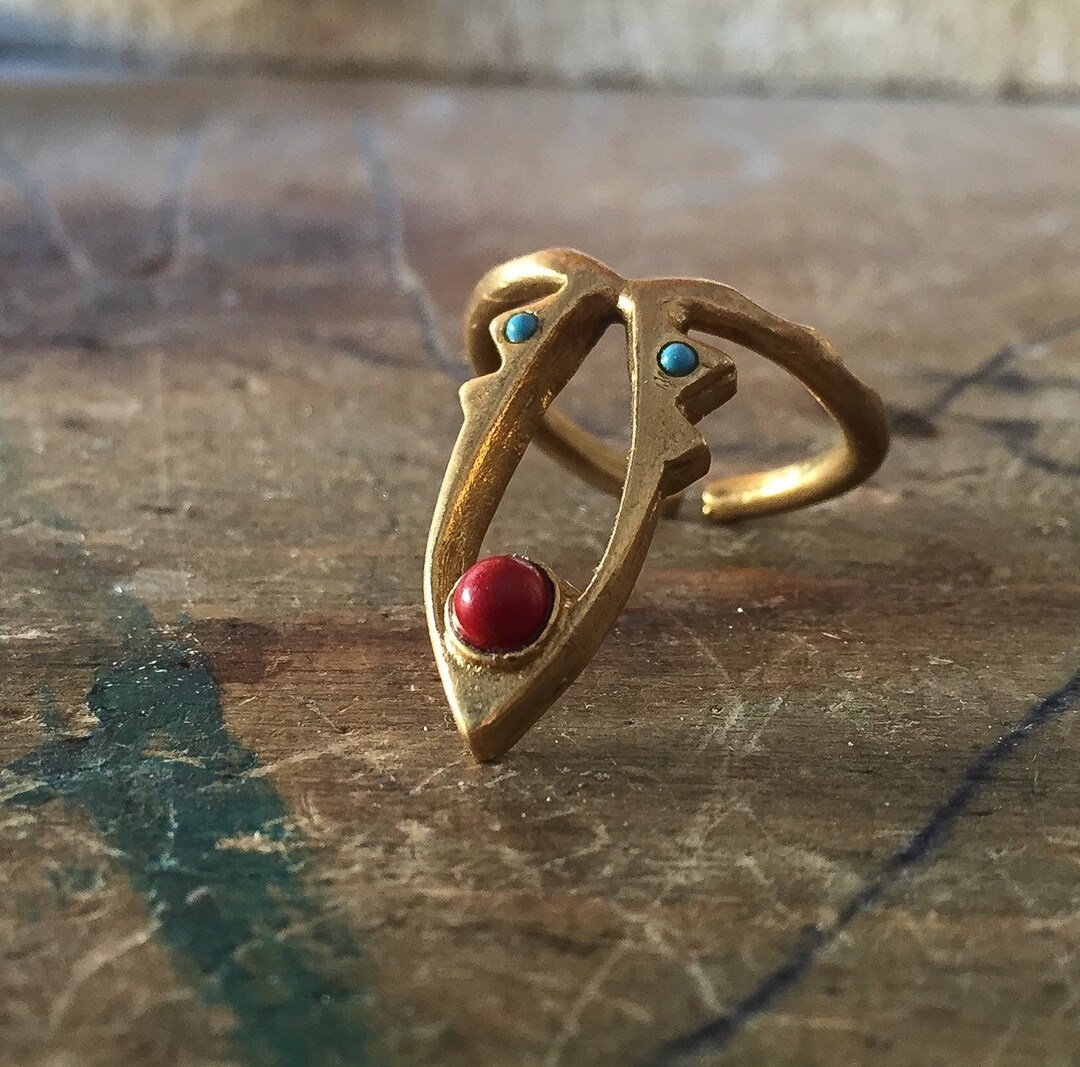 Red Coral and Turquoise Gold Ring Made in Solid Bronze - Etsy