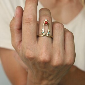 Red Coral and Turquoise Gold Ring Made in Solid Bronze - Etsy