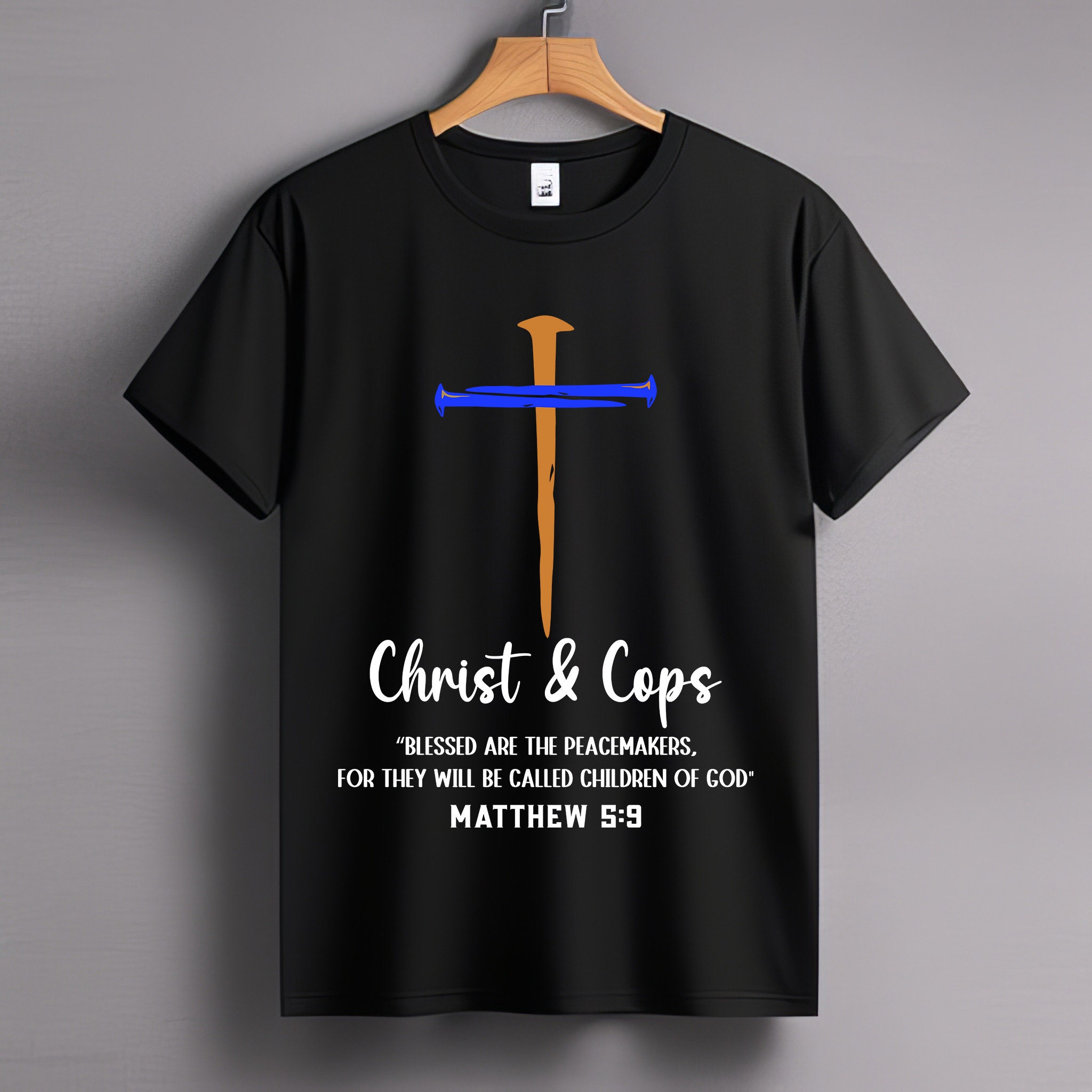 Christ and Cops Black 50/50 T Shirt. Nail Cross With Police Blue Line ...