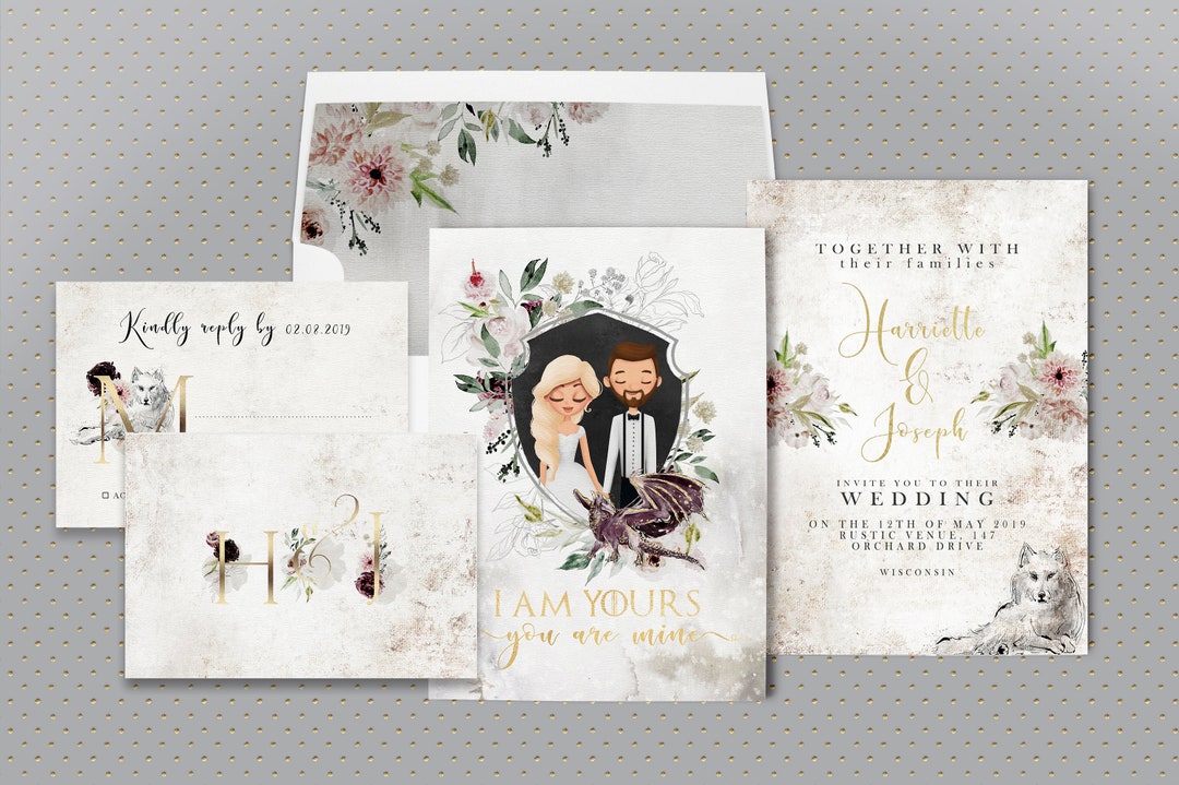 GOT Fantasy Inspired Wedding Invitation, Custom Illustrated Couples ...