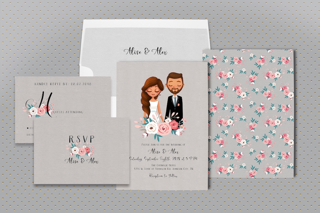 Illustrated Wedding Invitation, Custom Illustrated Couples Portrait ...