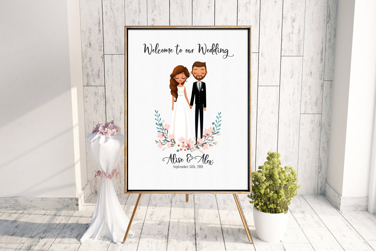 Custom Portrait Wedding Welcome Sign Illustrated Portrait | Etsy