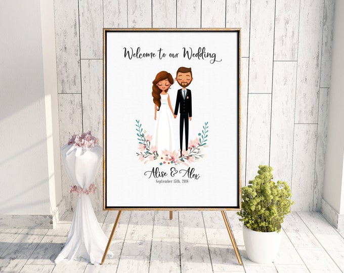 Custom Portrait Wedding Welcome Sign, Illustrated Portrait, Wedding ...