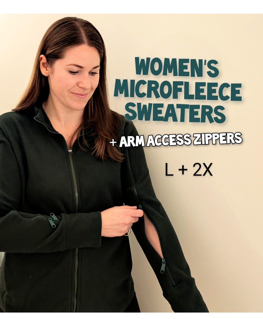 Arm Access Women's Dark Green Microfleece Sweaters With Sleeve Zippers ...