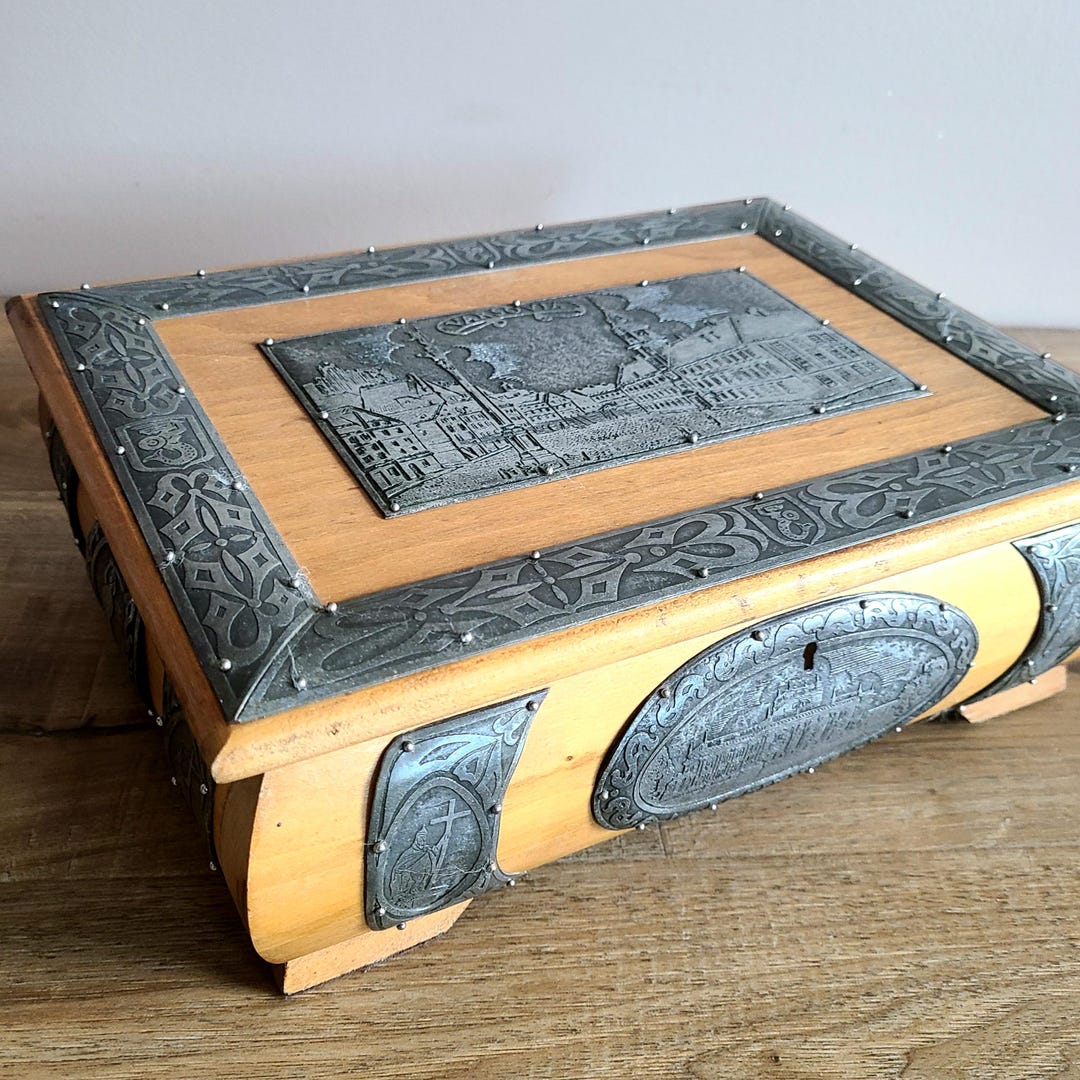 Vintage Large Varsovia Wooden Jewelry Box With Pewter Metal Details ...