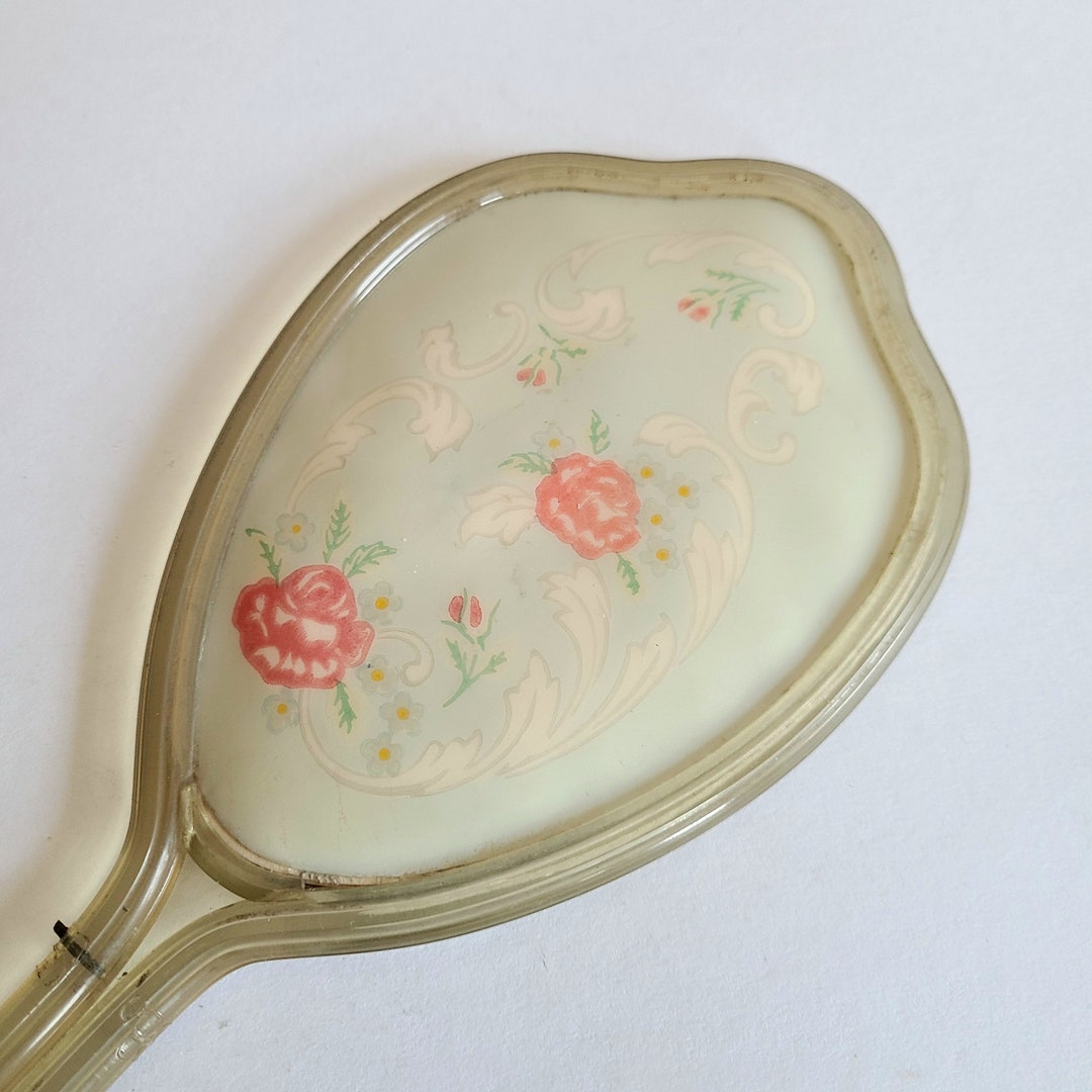 Vintage 1950s Lucite Hand Mirror With Floral Design. Mid Century Vanity ...