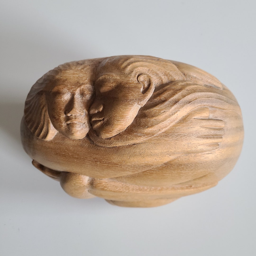 Vintage Hand Carved Wood Embracing Figurine Hugging Couple Sculpture ...