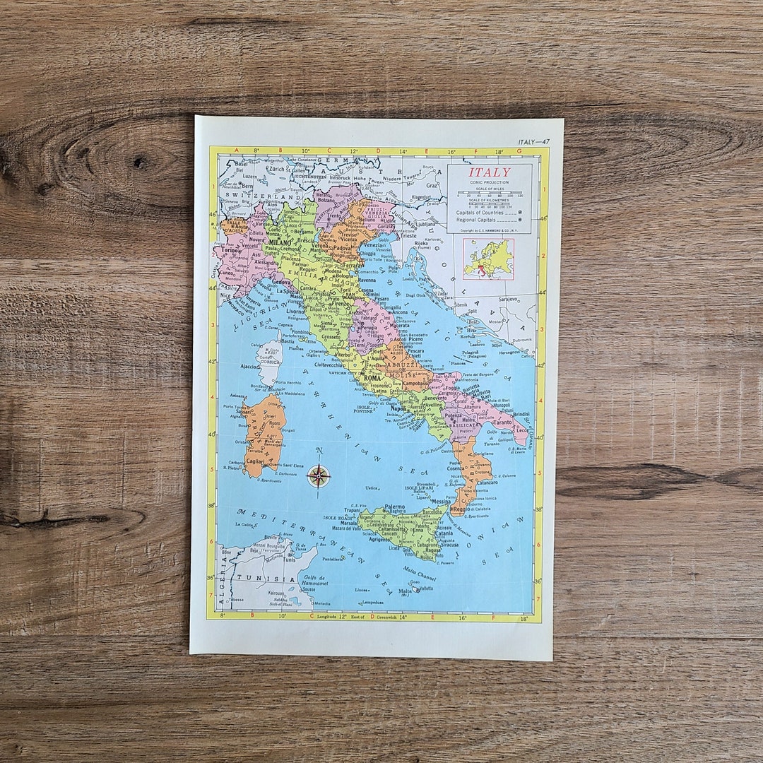Vintage Map of Italy Ephemera History Book Scrapping Craft Projects ...