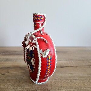 Vintage Folk Art Leather Wrapped Glass Bottle Canteen Flask Croatian ...