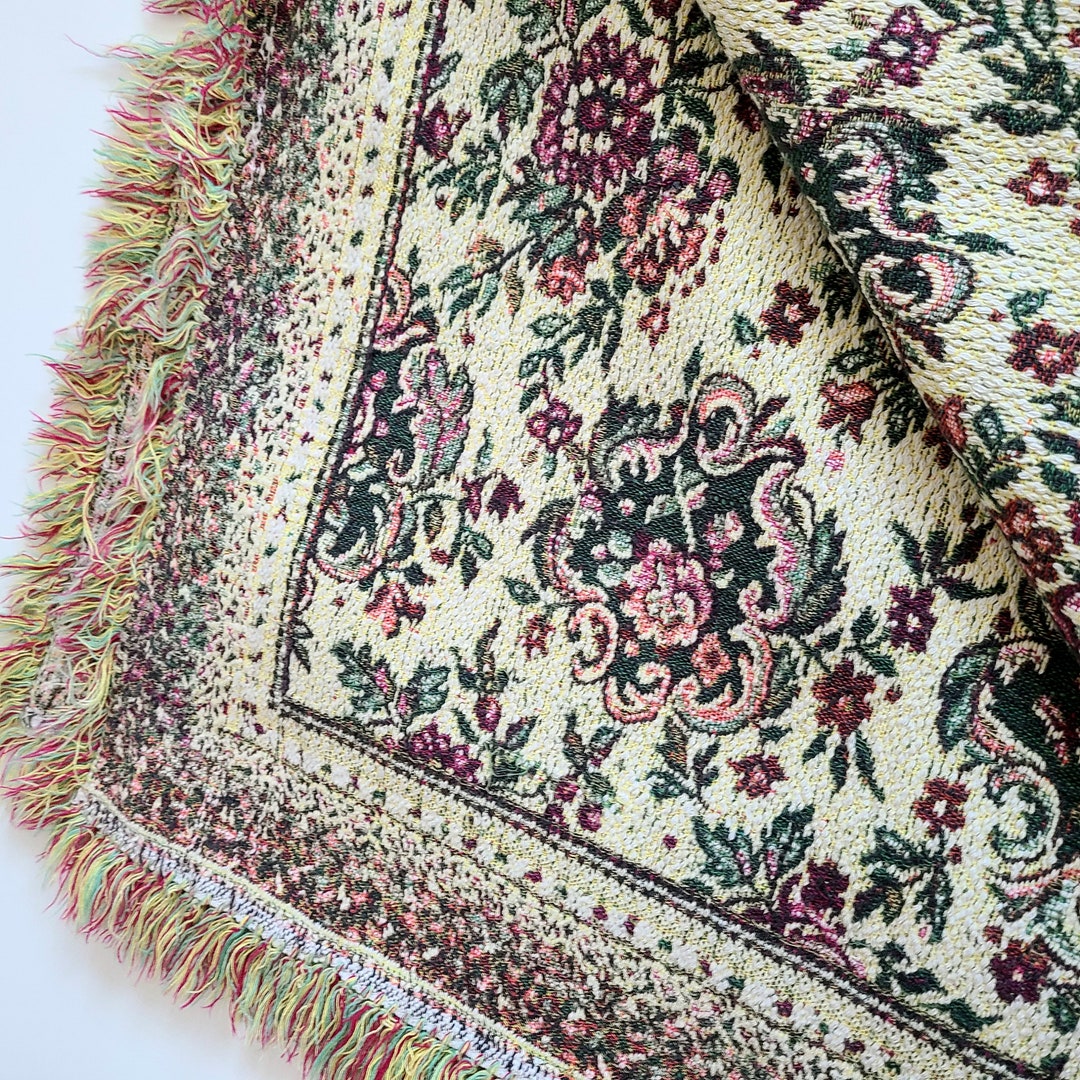 Woven Large Throw Afghan Blanket Cover With Floral Design Roses Theme ...