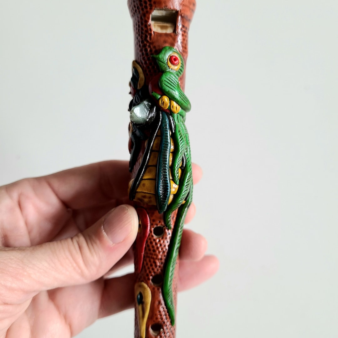 Hand Made Resin Recorder With Bird and Green Agate Sones. Guatemala ...