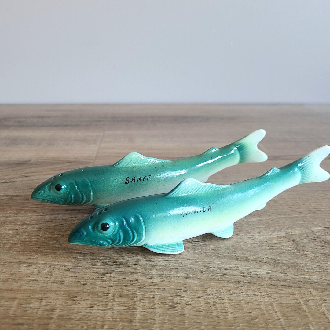 Vintage Porcelain Ceramic Green Fish Sharks Salt & Pepper Shakers Banff ...