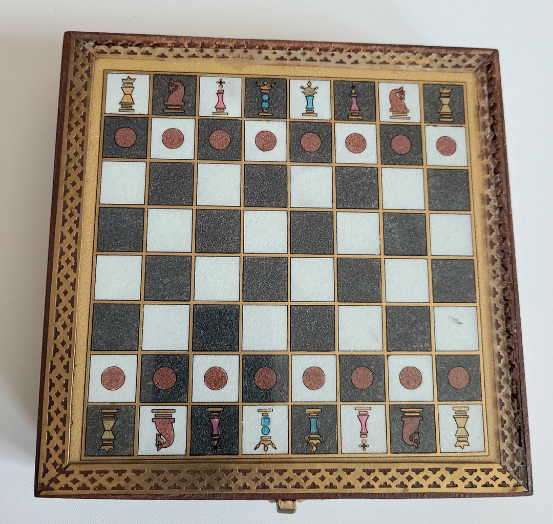 Small Chess Set in Wooden Board With Brass Details. Board Game. - Etsy