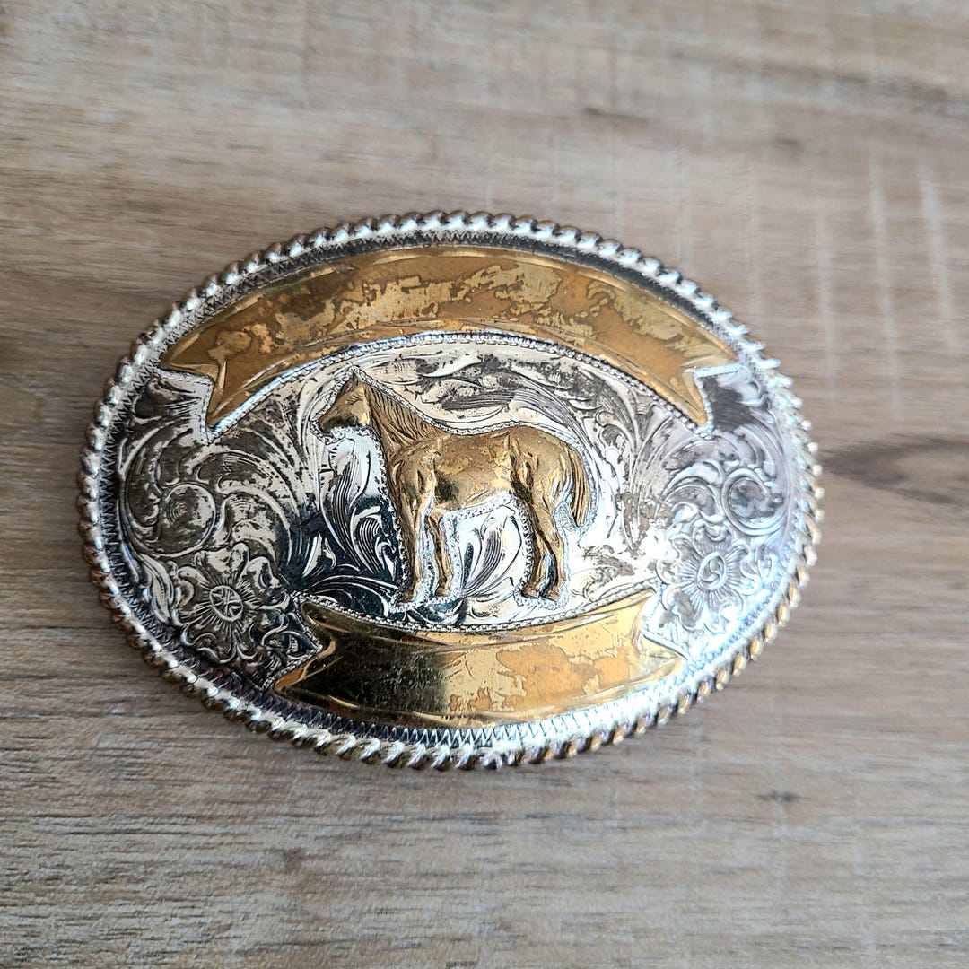 Vintage Western Alpaca Mexico Belt Buckle With Horse and Floral Design ...