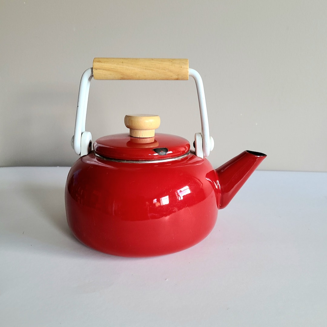 Vintage Red Enamel Kettle/teapot With Metal and Wooden Handles. Vintage ...