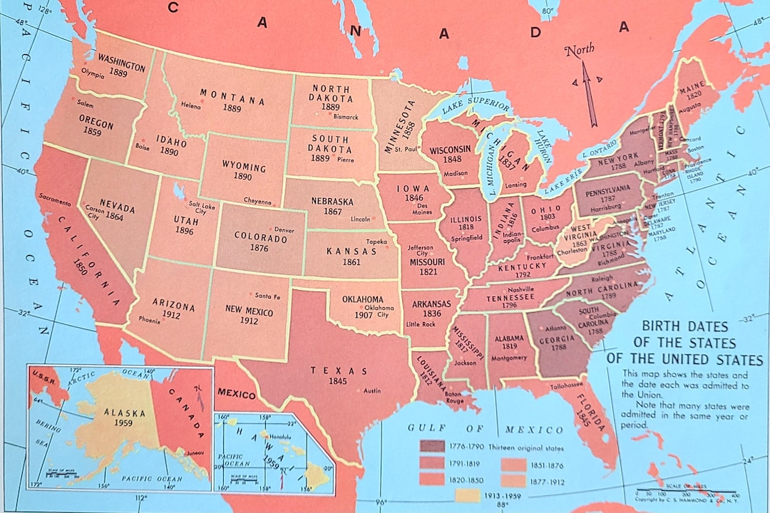 Vintage Birth Dates of the States of the United States Map Ephemera ...