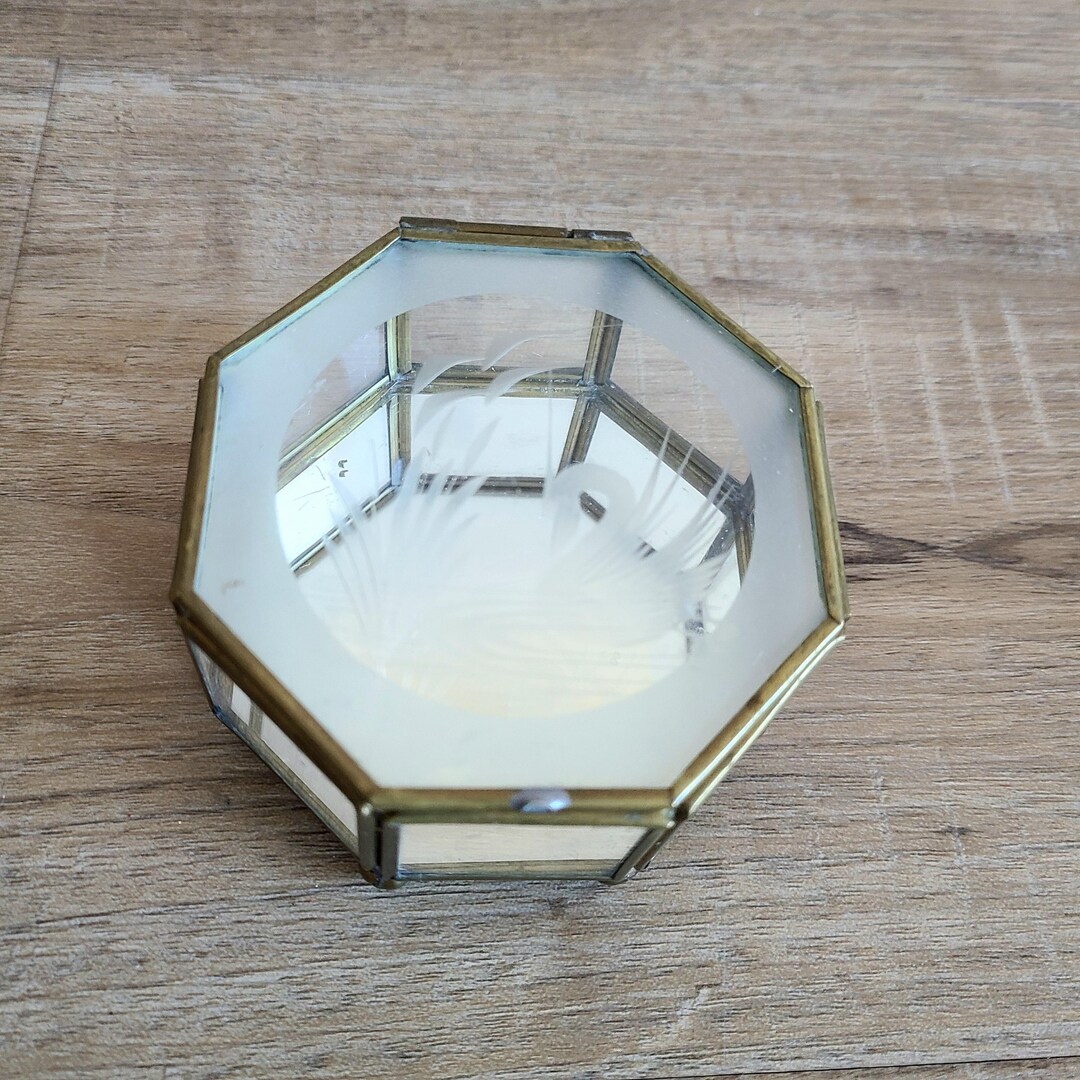 Vintage Glass and Brass Footed Octagon Shape Jewelry or Trinket Box ...